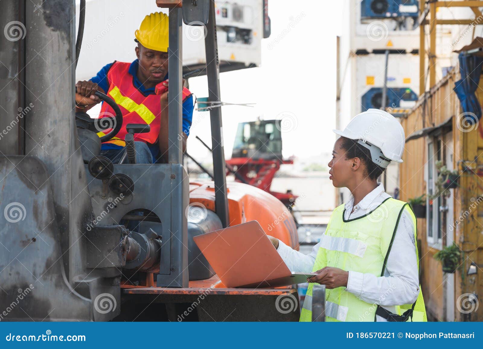 Black Foreman Worker Driving Forklift Checking at Container Cargo ...