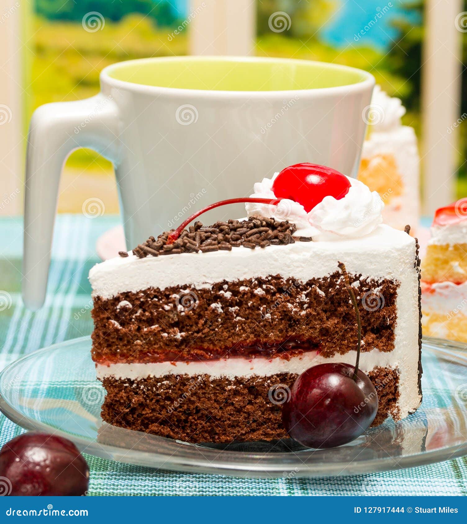 Black Forest Cake Indicates Coffee Break and Beverages Stock Photo ...