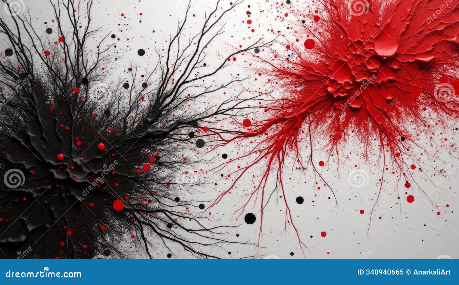 Black Fractal Structure and Red Explosion on White Background with Dots ...