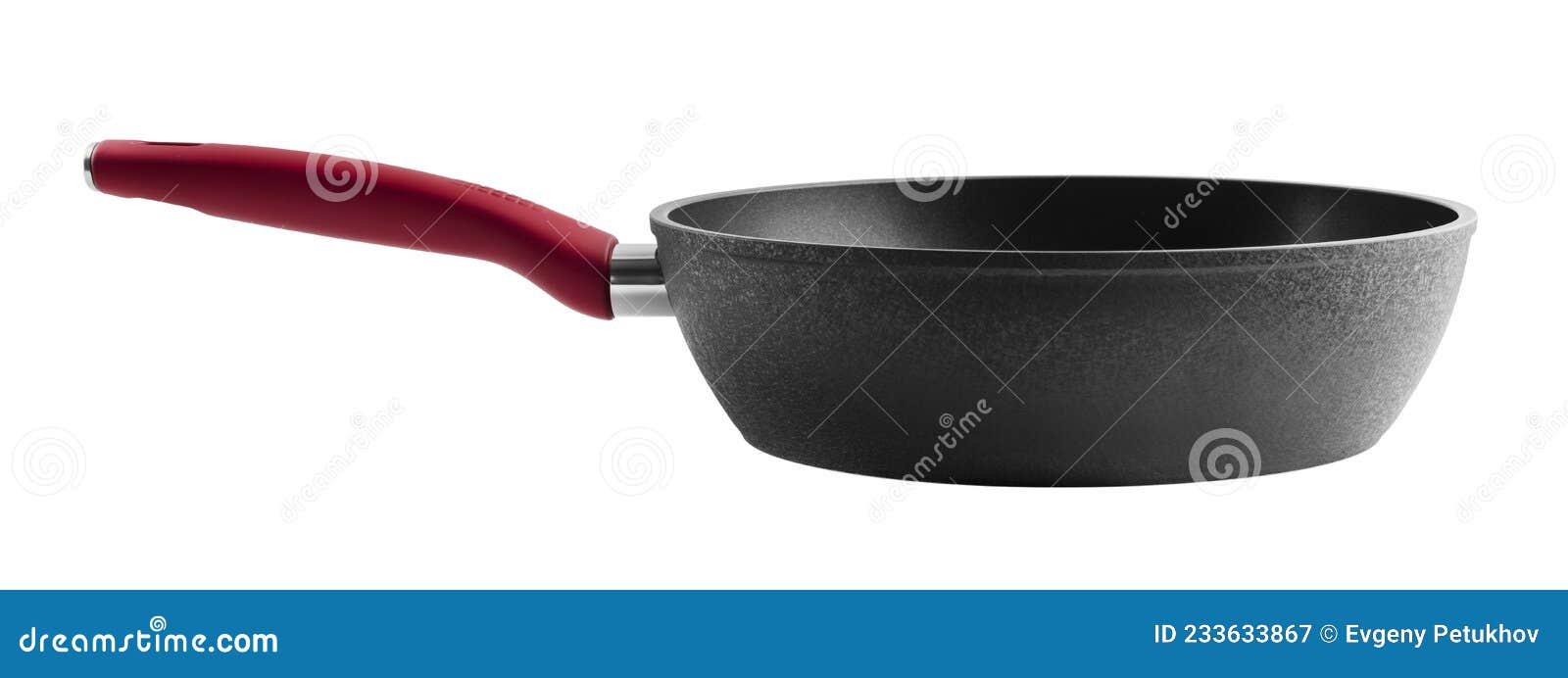 Black Frying Pan with a Red Handle on a White Background, Side View ...