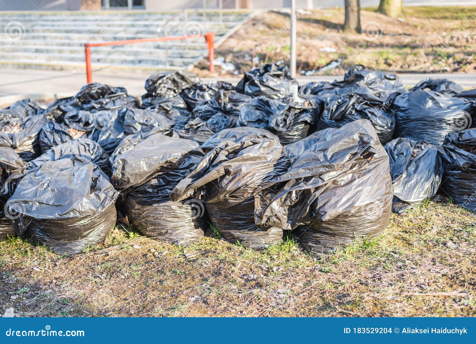 Black Full Garbage Packages/Black Complete Garbage Bags Stacked on the ...