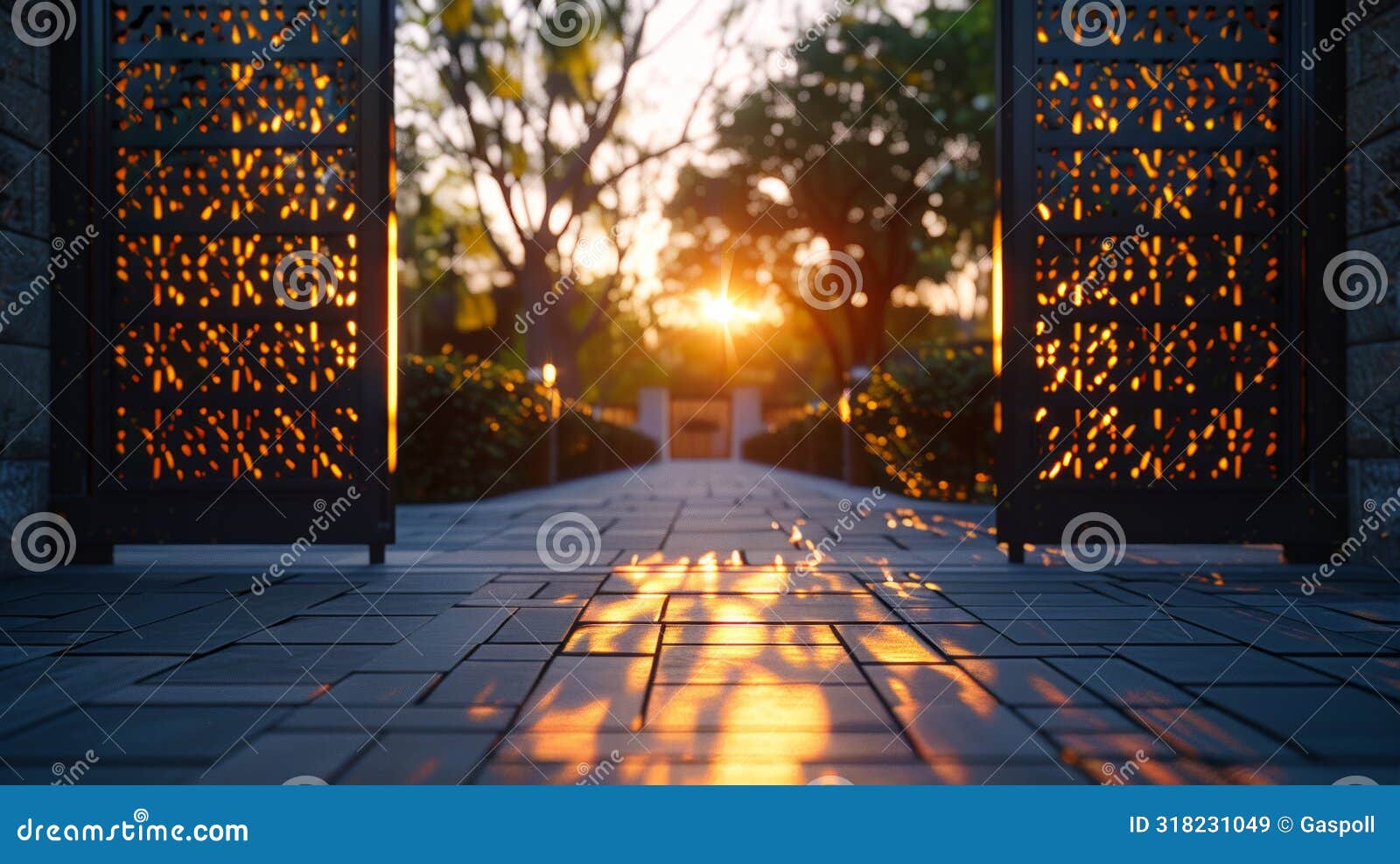 Black Gate with Artistic Designs Under the Sunset Sky Stock ...