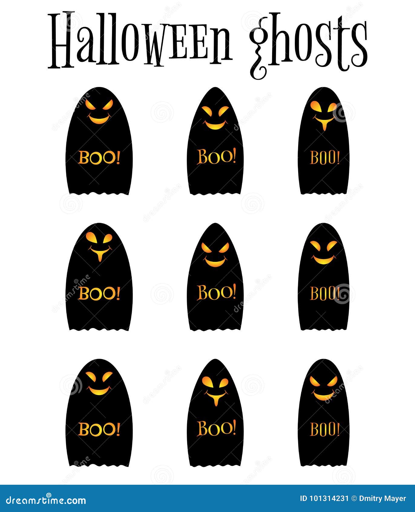 Set Of Vector Ghosts Icons. Spirits In Different Poses. Sad, Angry ...