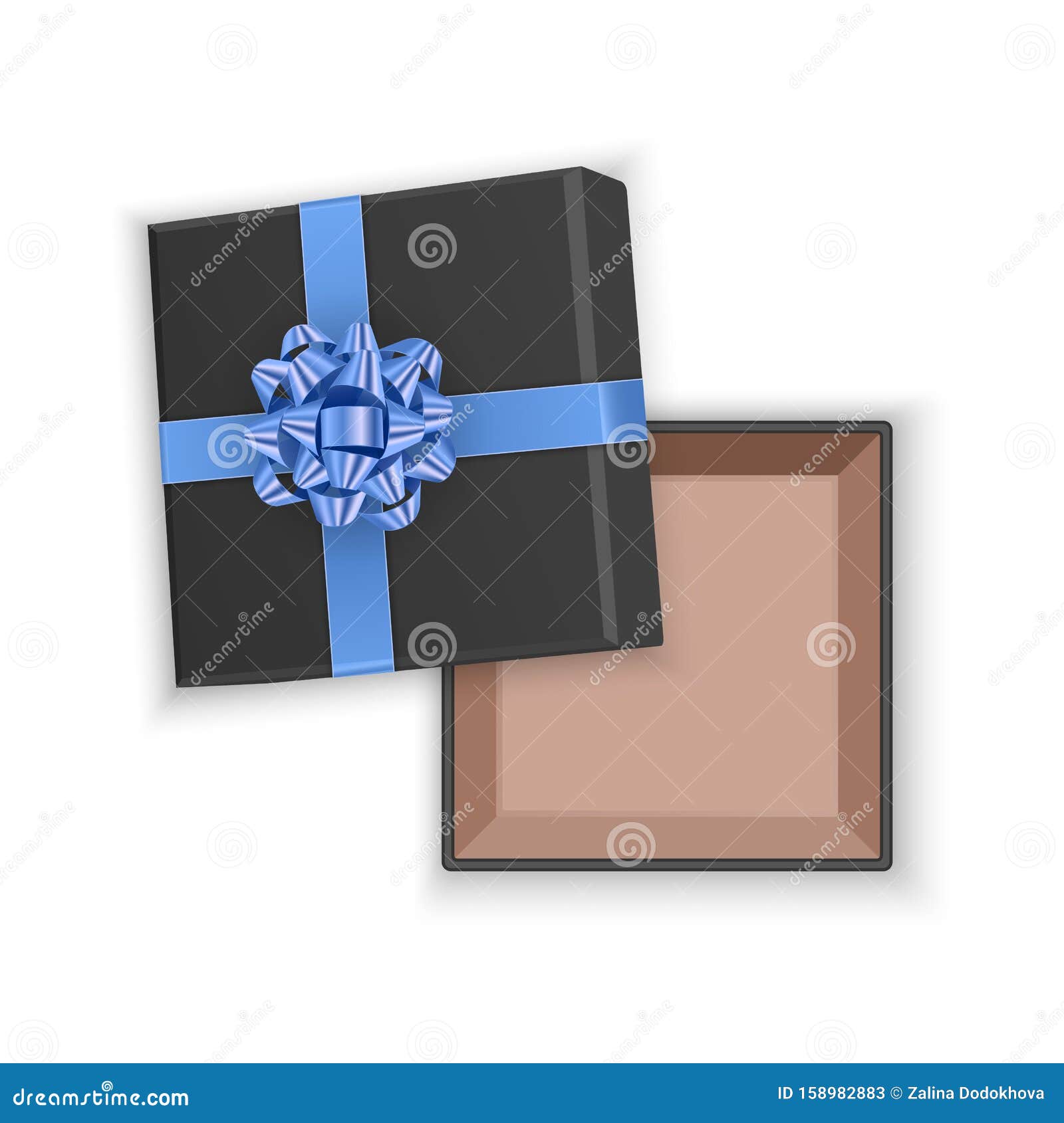 Black Gift Box with Blue Bow, Top View, Open Empty Square Cardboard Box ...