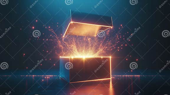 Black Gift Box Opening with Magic Light and Particles Exploding Stock ...
