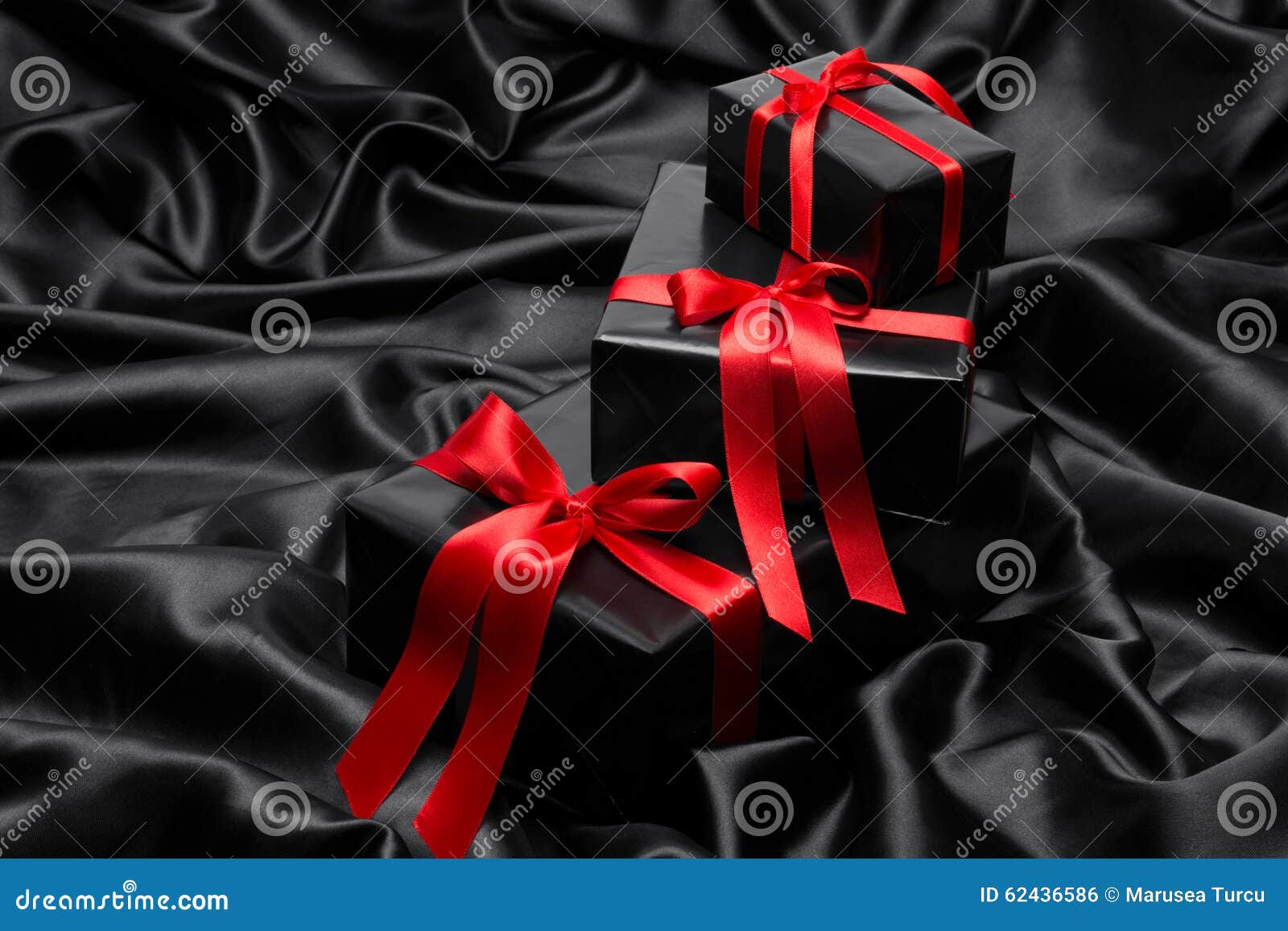 Black Gift Boxe with Red Satin Ribbons and Bow Stock Photo - Image of ...