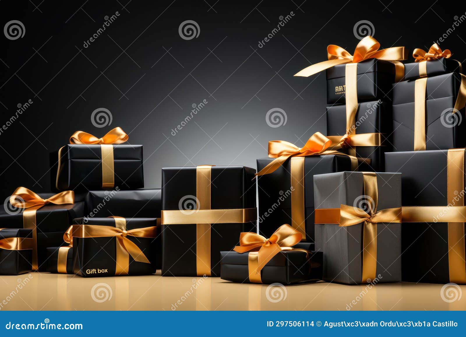 Black Gift Boxes with Gold Ribbon and Gold Decorations. Stock Photo ...