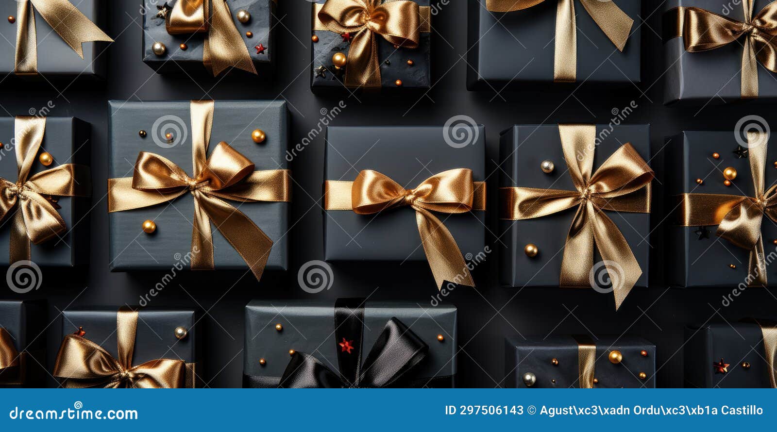 Black Gift Boxes with Gold Ribbon and Gold Decorations. Stock Image ...
