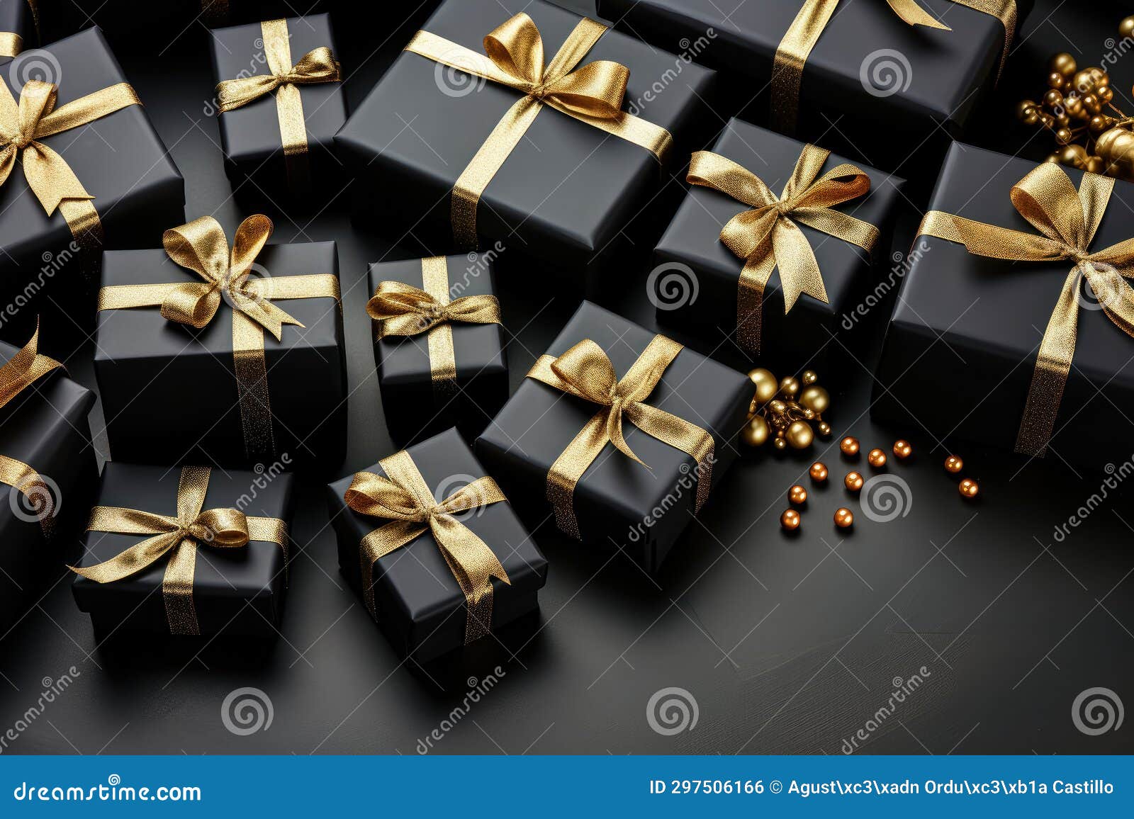 Black Gift Boxes with Gold Ribbon and Gold Decorations. Stock ...
