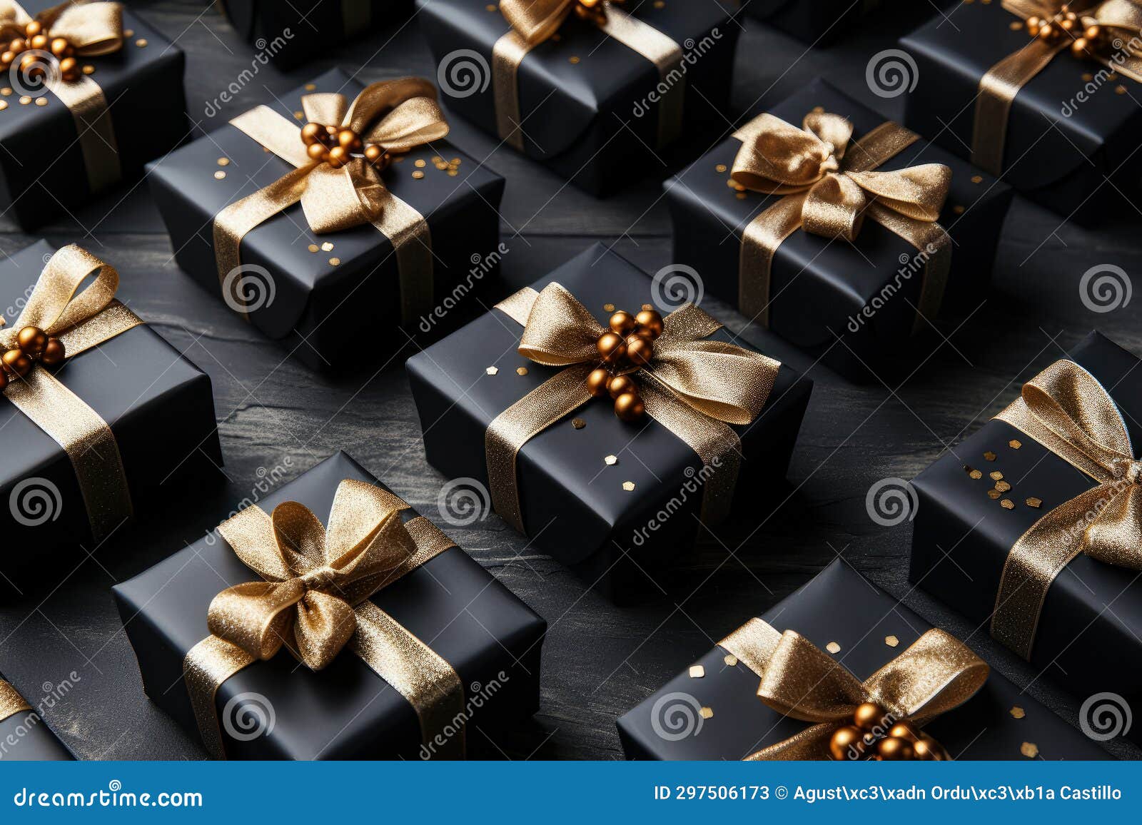 Black Gift Boxes with Gold Ribbon and Gold Decorations. Stock Image ...