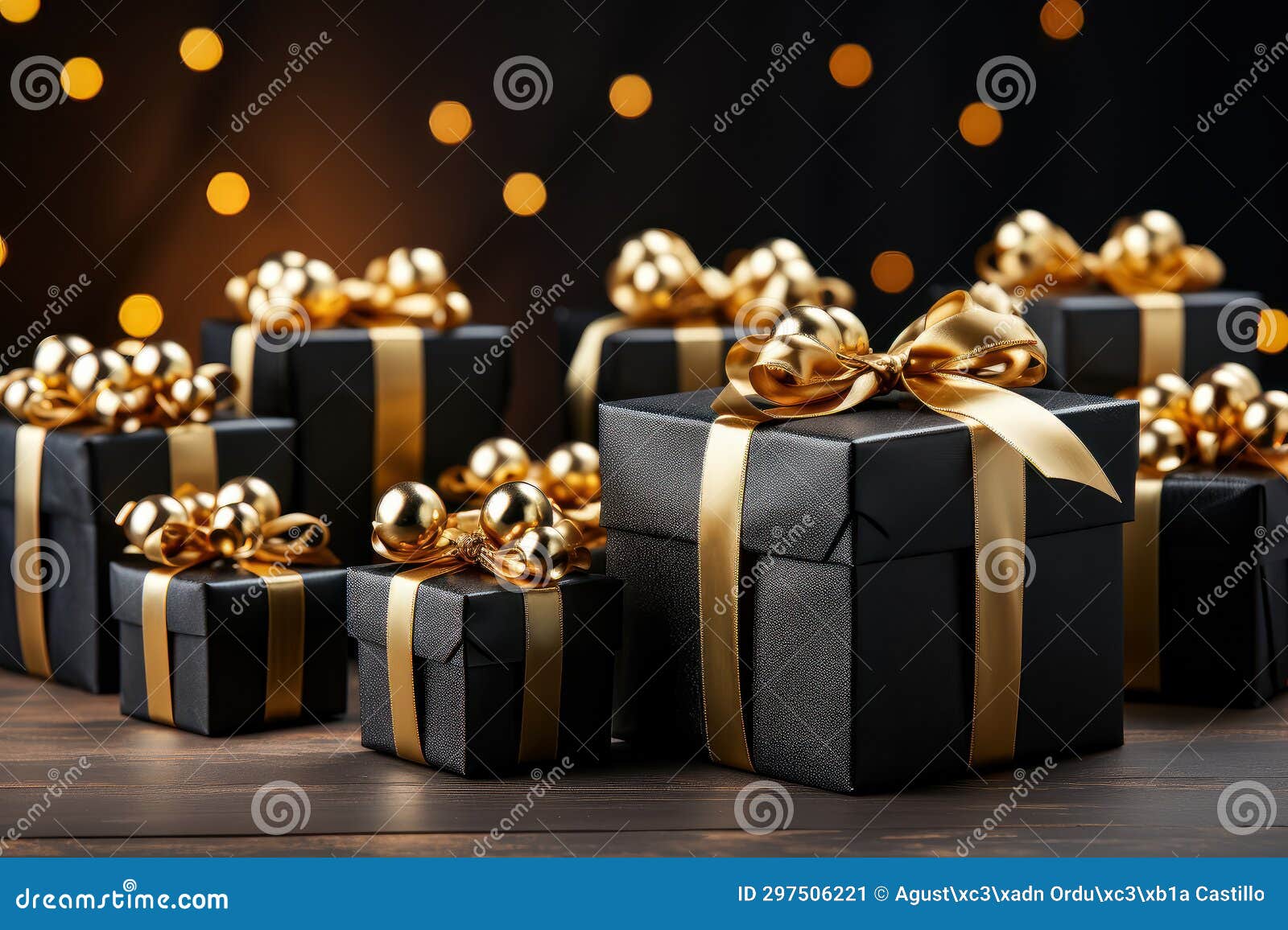 Black Gift Boxes with Gold Ribbon and Gold Decorations. Stock ...