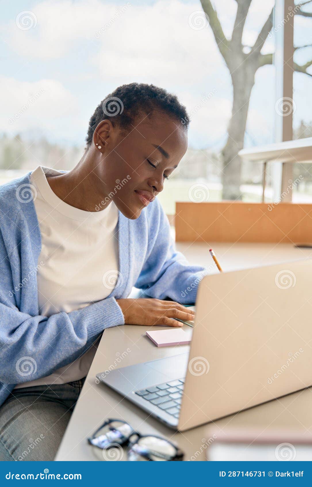 Black Girl Student Using Laptop Elearning Sitting in University ...
