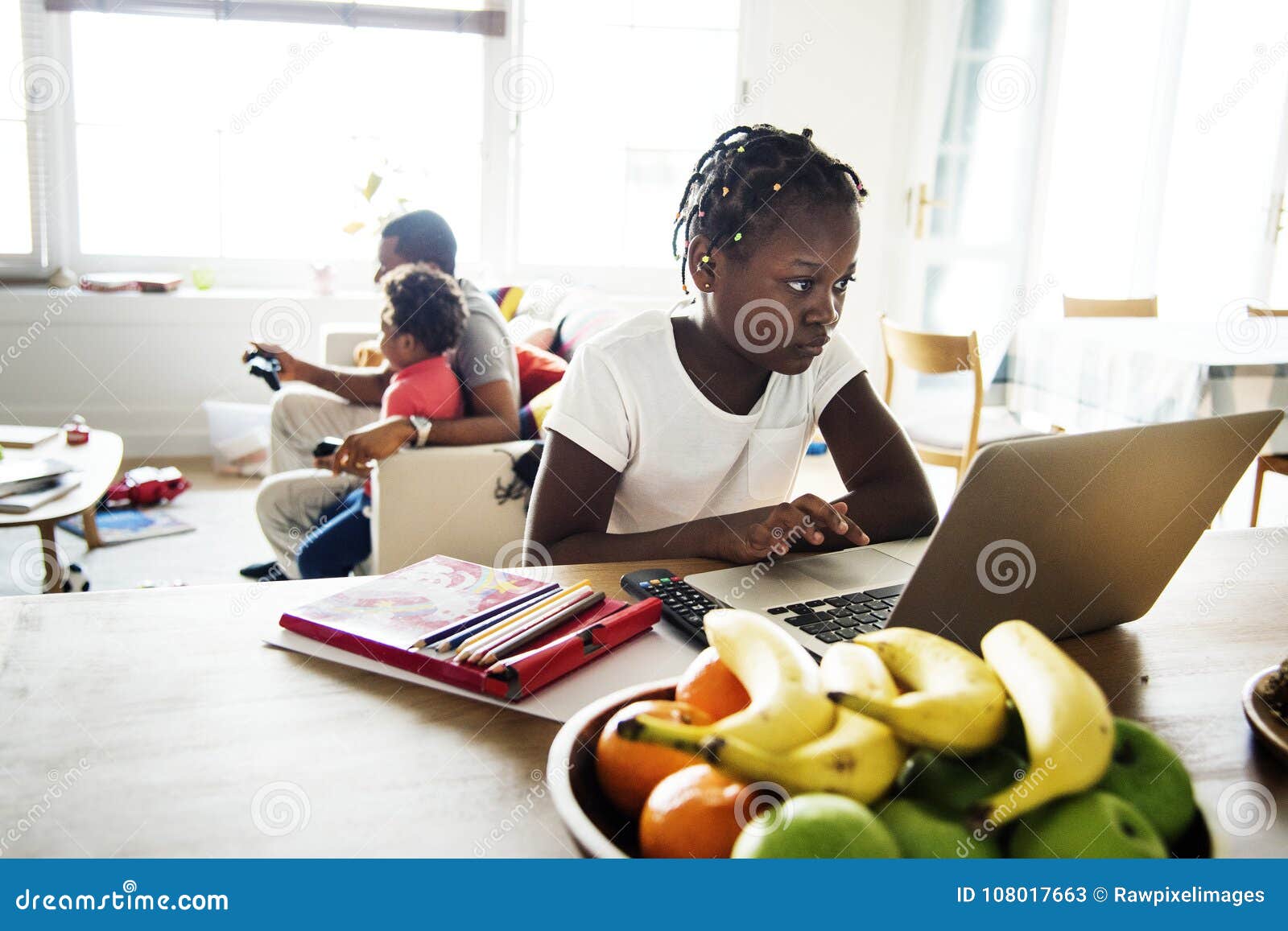 Black Girl Using Laptop at Home Stock Image - Image of enjoying, living ...