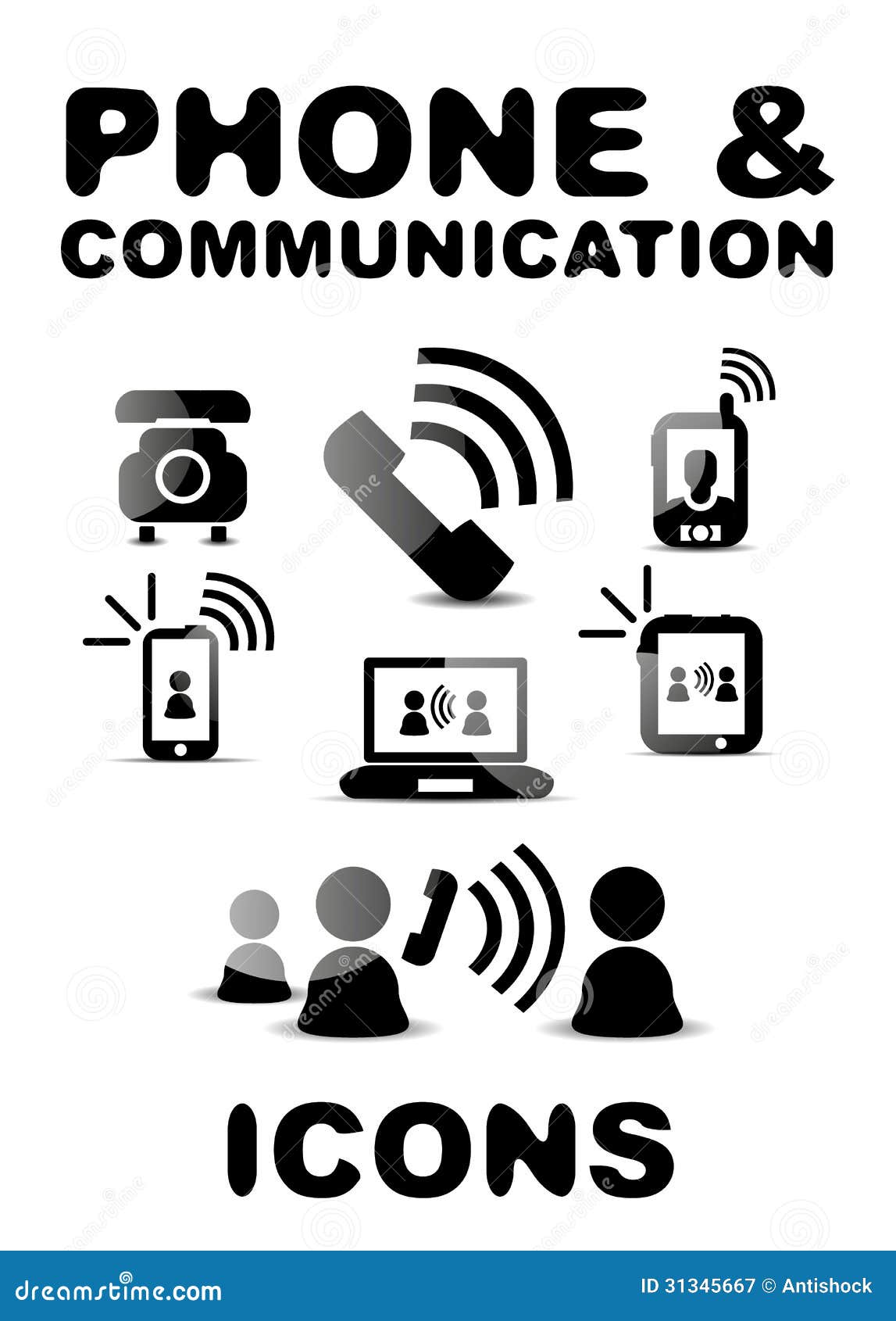 Black Glossy Phone / Communication Icon Set Stock Vector - Illustration ...
