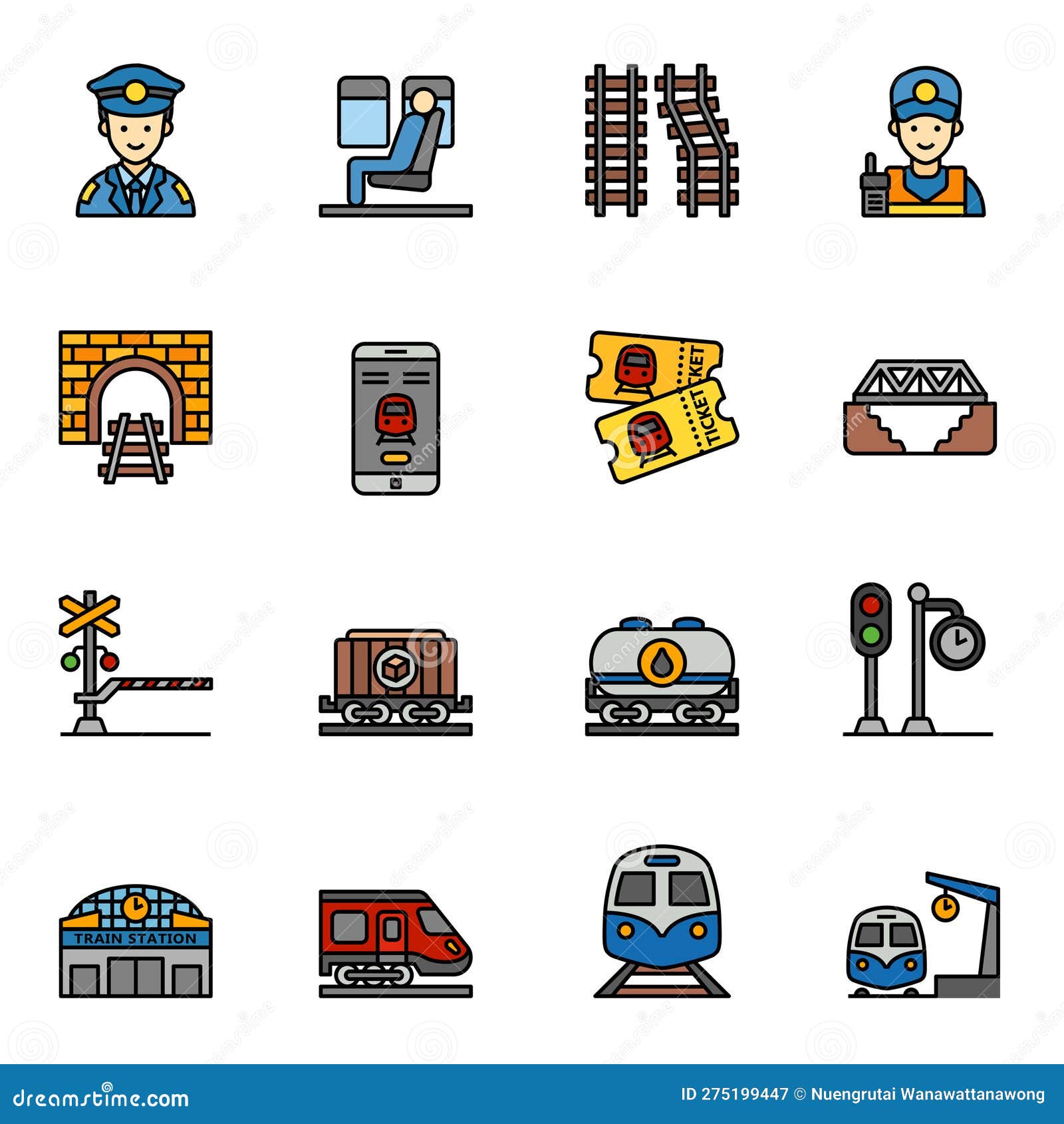 Train And Railways Lineal Color Icon Set 1. Cartoon Vector ...
