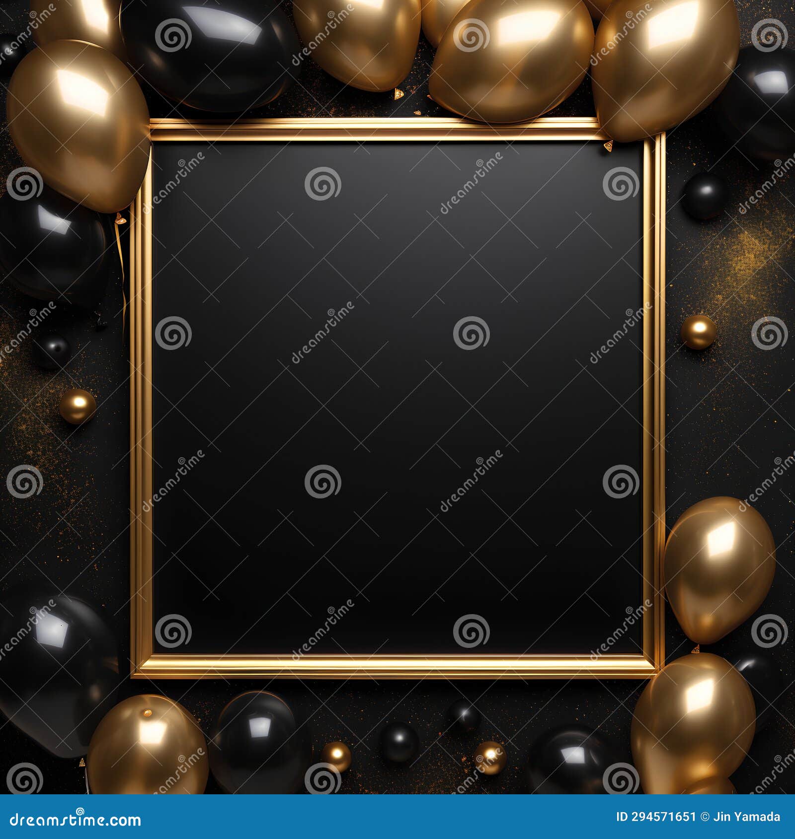 Black and Gold Balloons with Gold Frame on Black Background. 3d Render ...