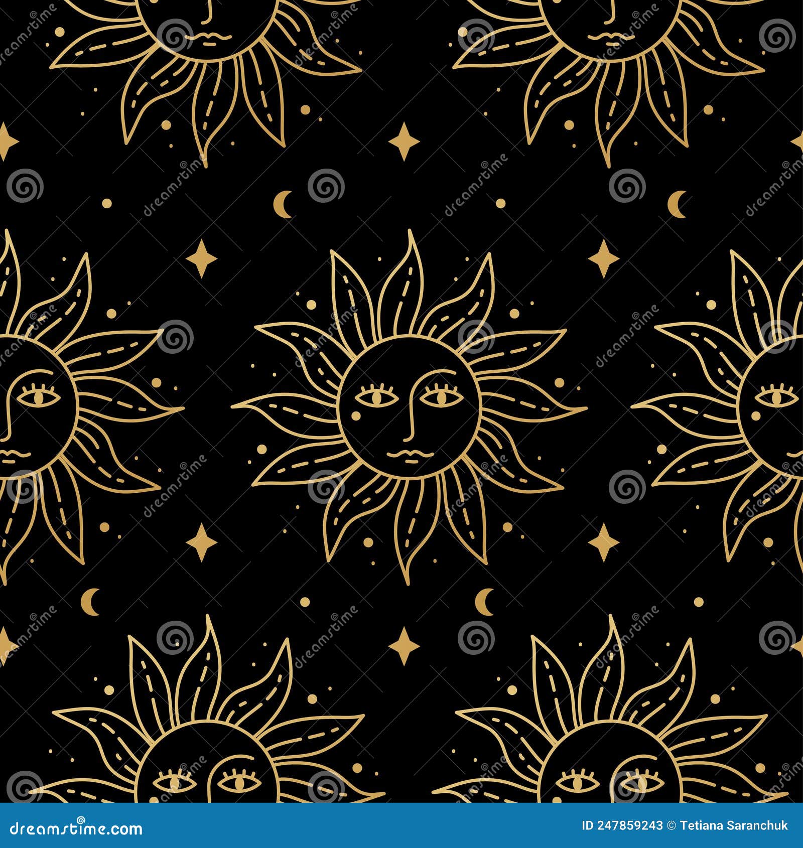 Black and Gold Celestial Seamless Pattern with Sun Stock Vector - Illustration of mystical ...