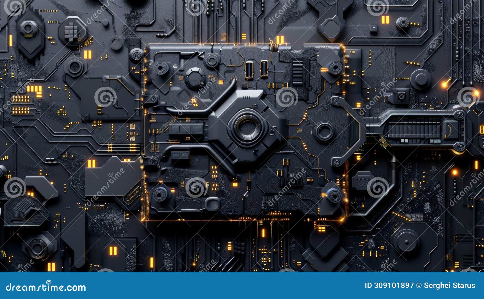 A Black and Gold Circuit Board with Lights on it, AI Stock Image ...
