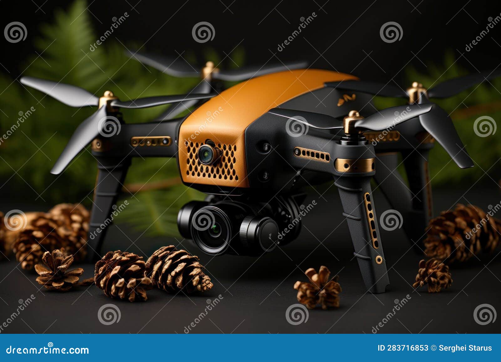 A Black and Gold Drone with a Camera and Pine Cones. Generative AI ...