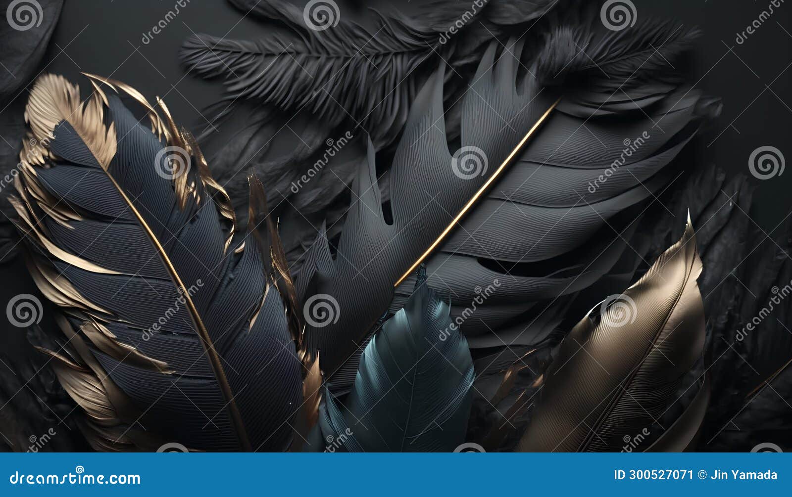 Black and Gold Feathers on a Black Background. 3d Illustration Stock ...