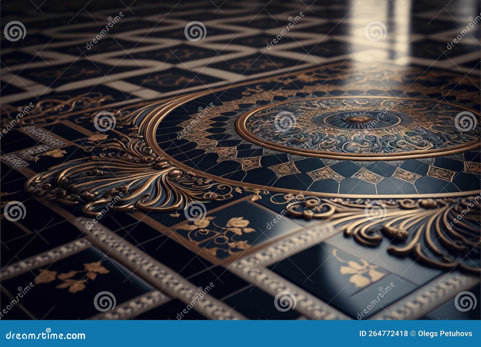 A Black and Gold Floor with a Circular Design on it S Surface and a ...