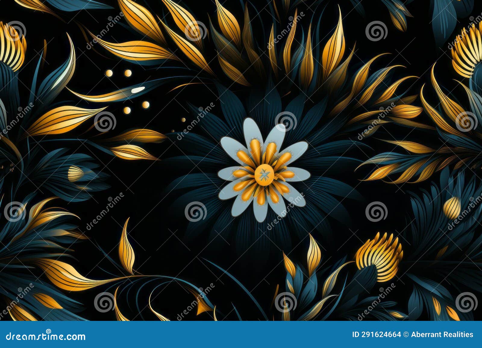 A Black and Gold Floral Pattern on a Black Background Stock ...