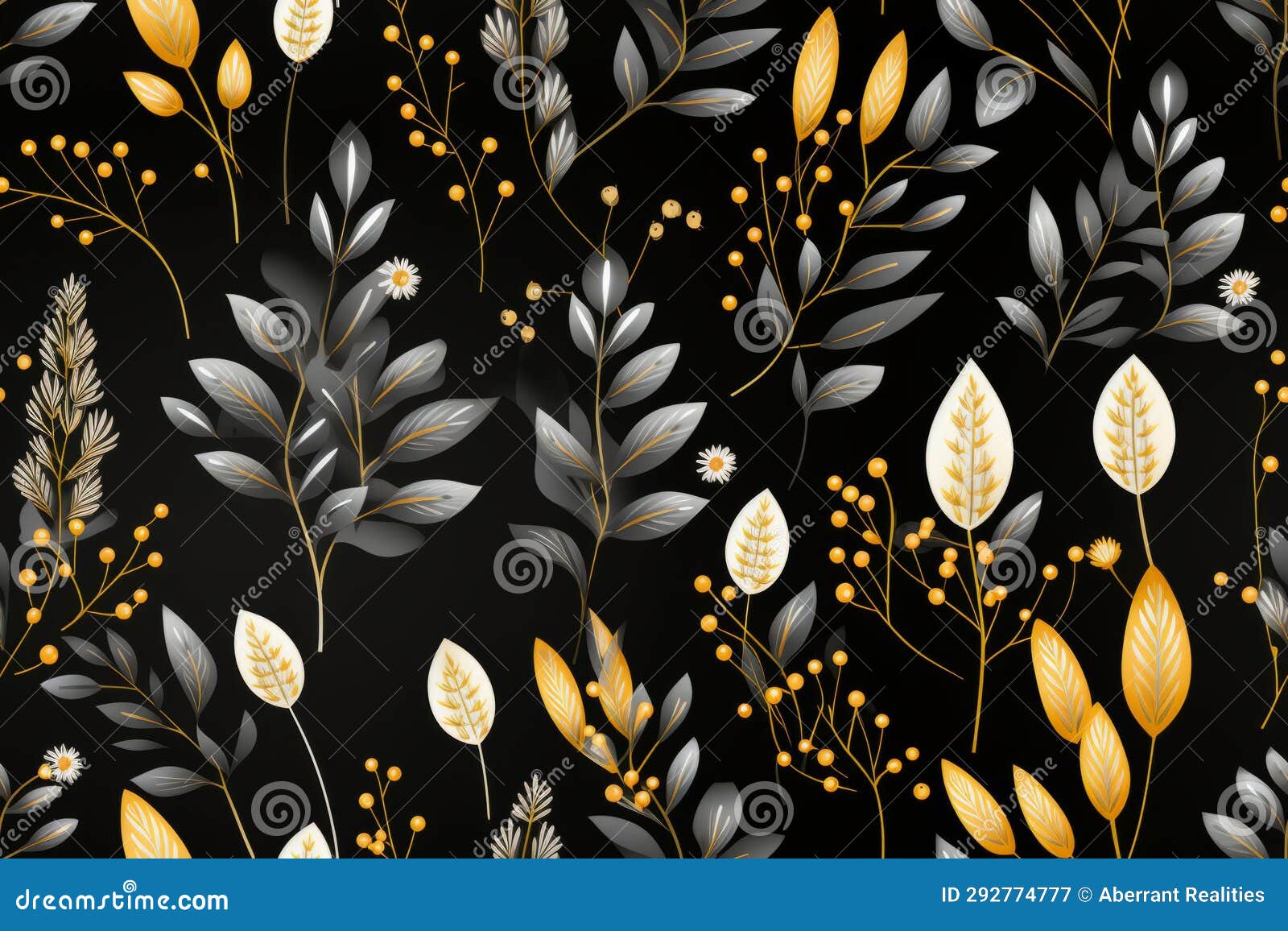 A Black and Gold Floral Pattern with Leaves and Berries Stock ...