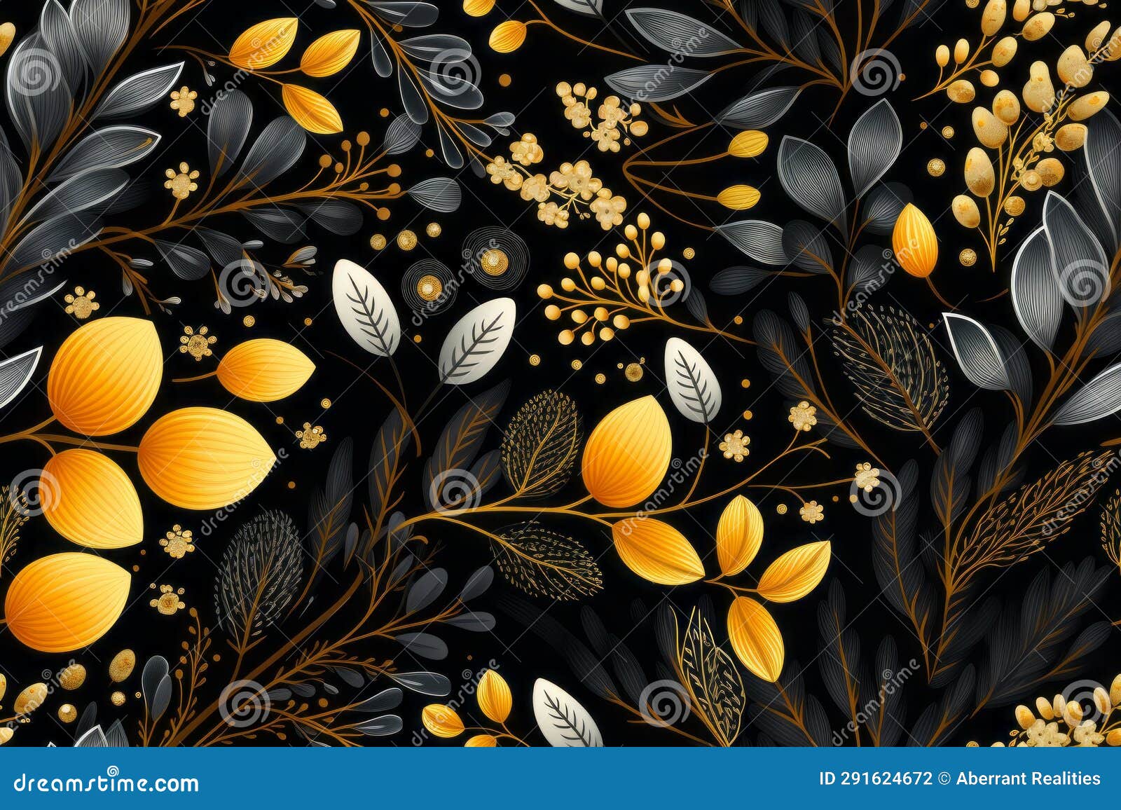 A Black and Gold Floral Pattern with Leaves and Flowers Stock ...