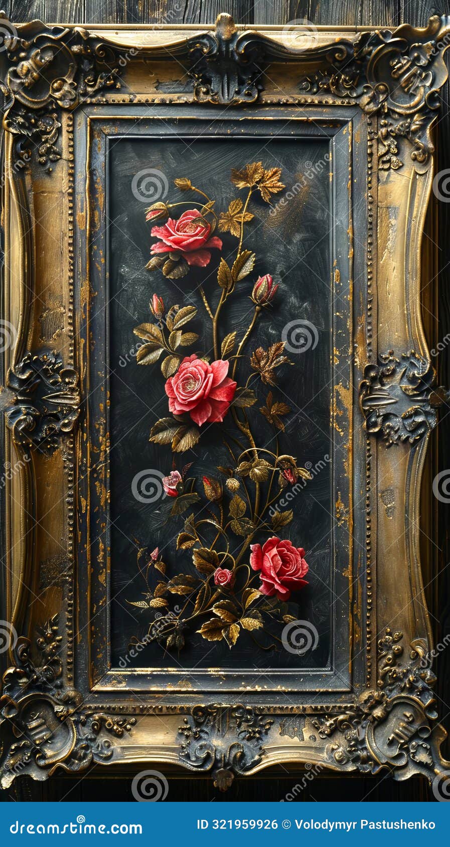 A Black and Gold Frame with Red Roses Stock Photo - Image of vase, pink ...