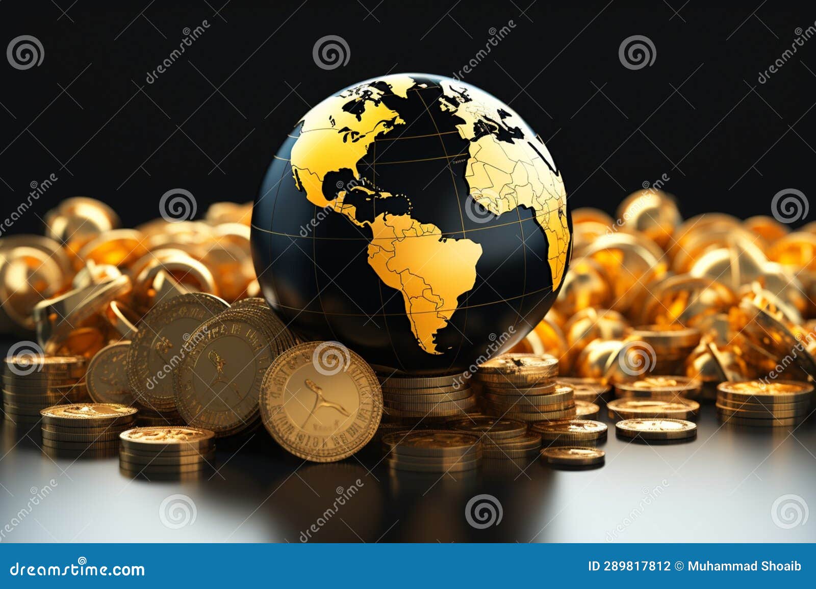 A Black and Gold Globe Surrounded by a Stack of Gold Coins Stock ...