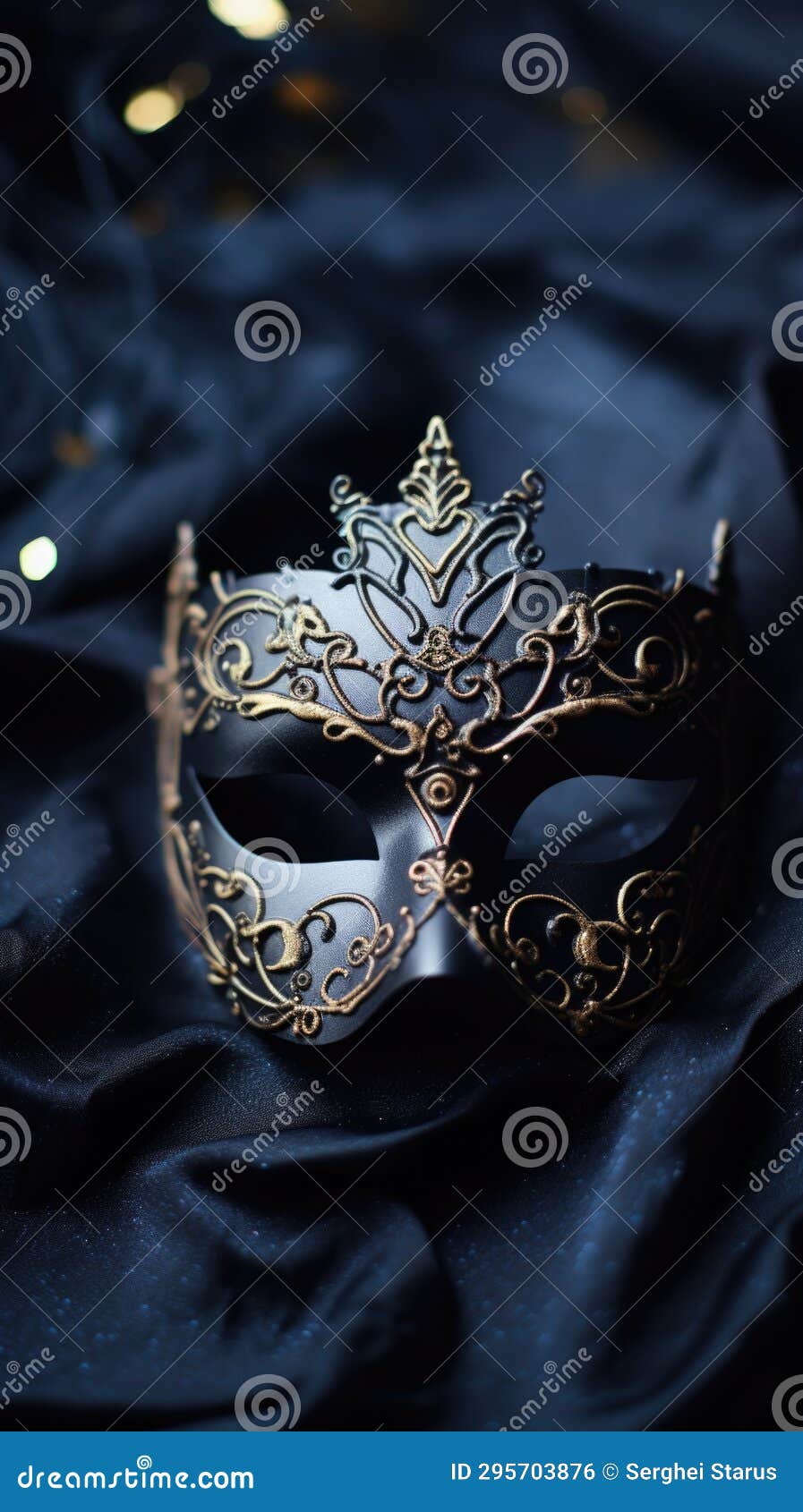 A Black and Gold Masquerade Mask on a Black Cloth, AI Stock ...