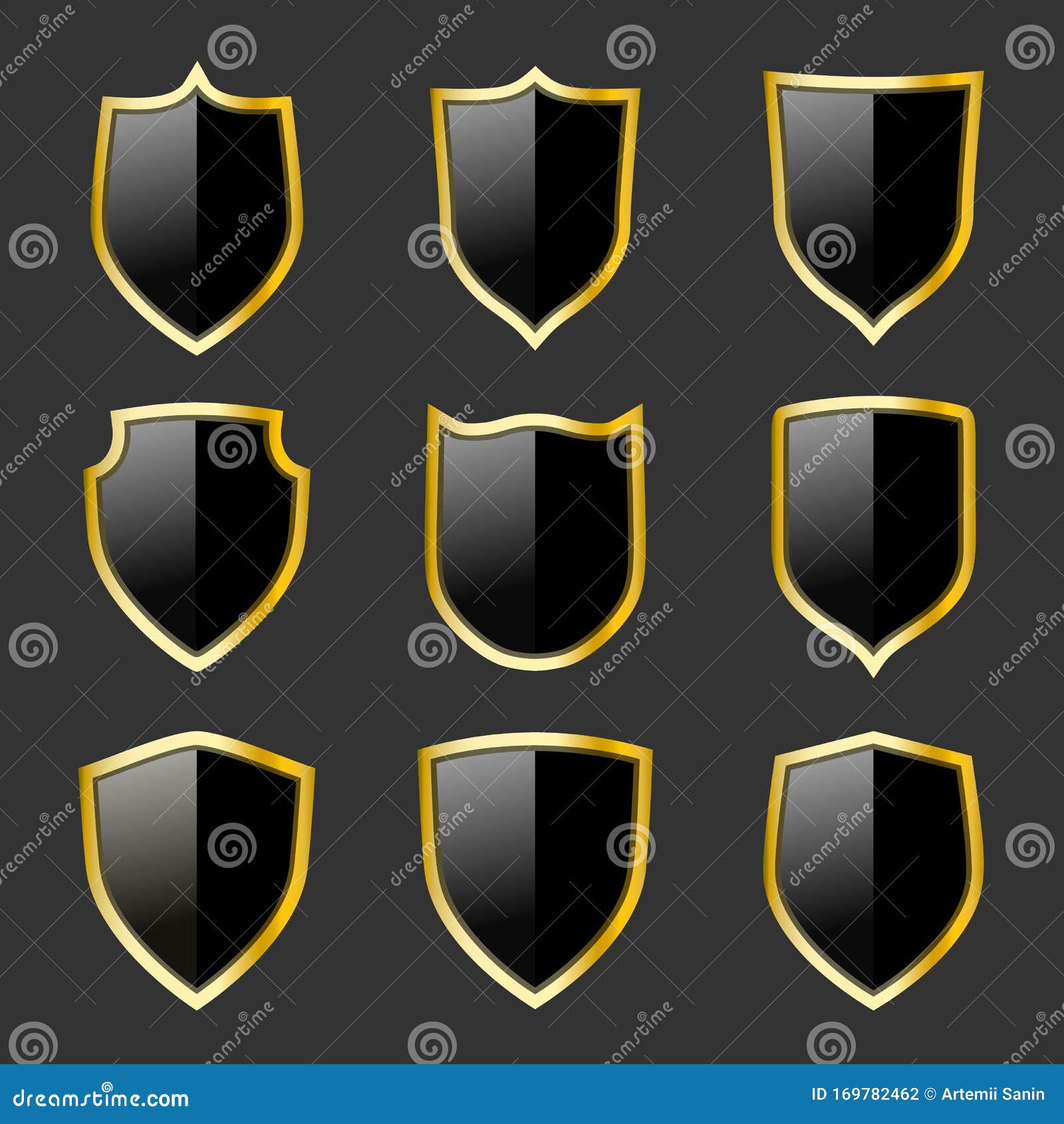 Black and Gold Shields Set. Protection Emblems. Security Symbols Stock ...