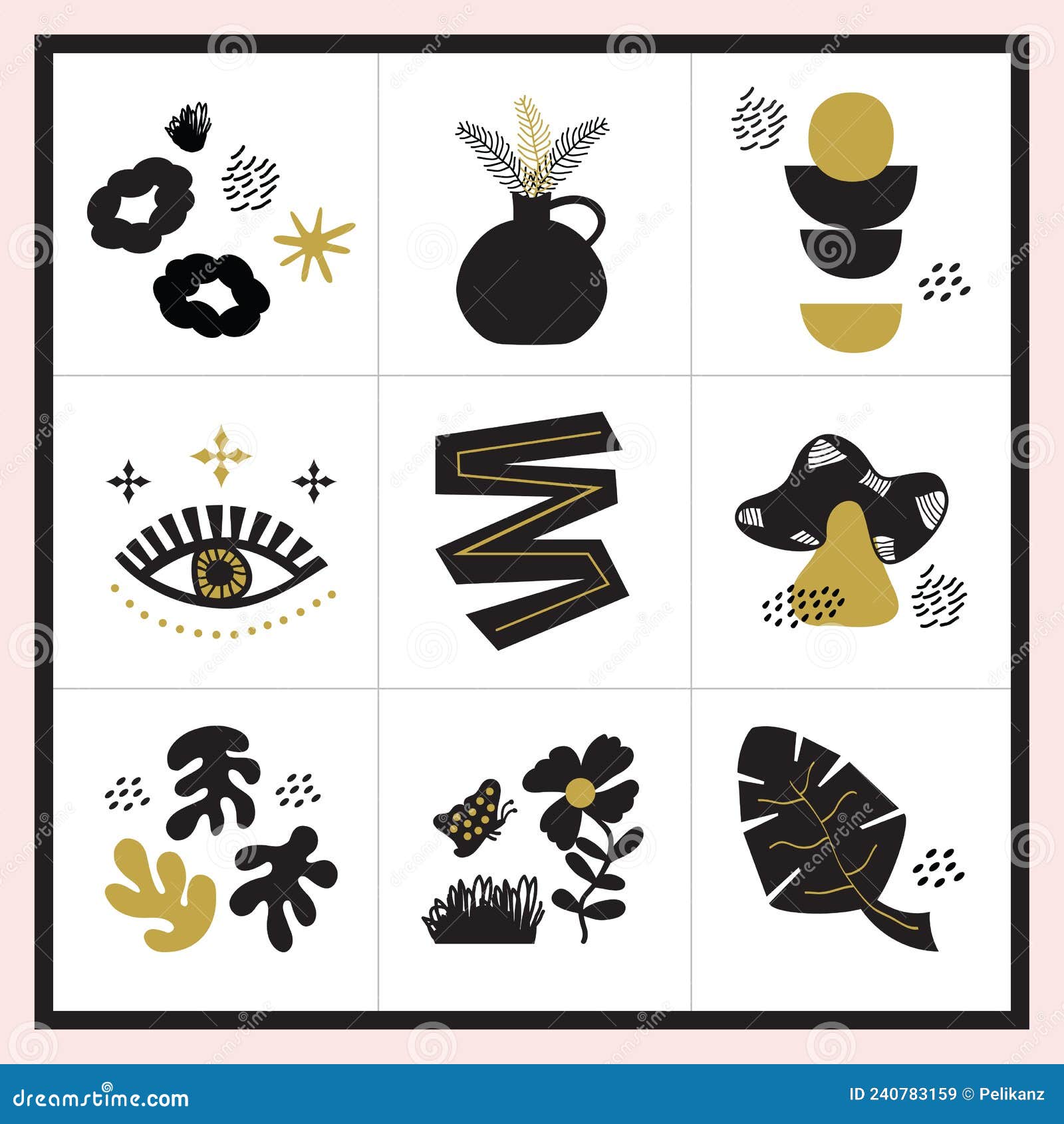 Black and Golden Cute Abstract Random Design Elements Icons Set Wall ...