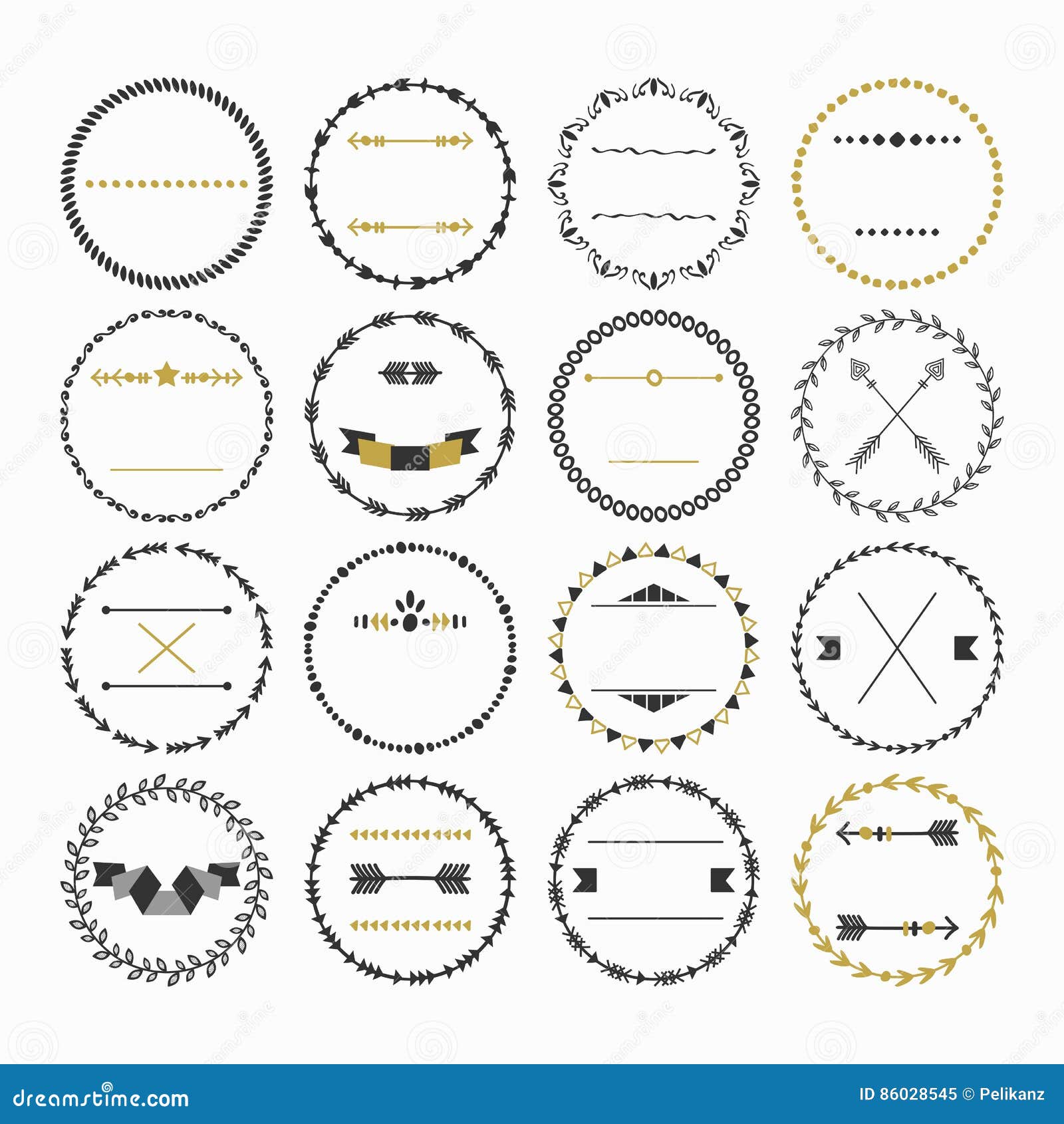 Black and Golden Hand Drawn Empty Circle Emblems Set on White ...