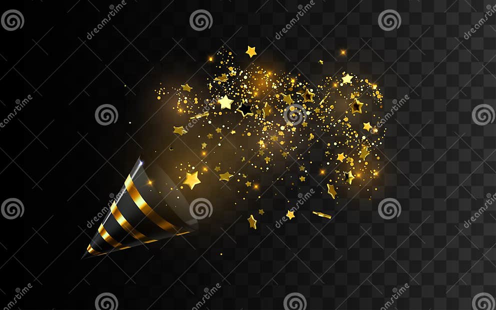 Black and Golden Party Popper with Exploding Confetti Particles Stock ...