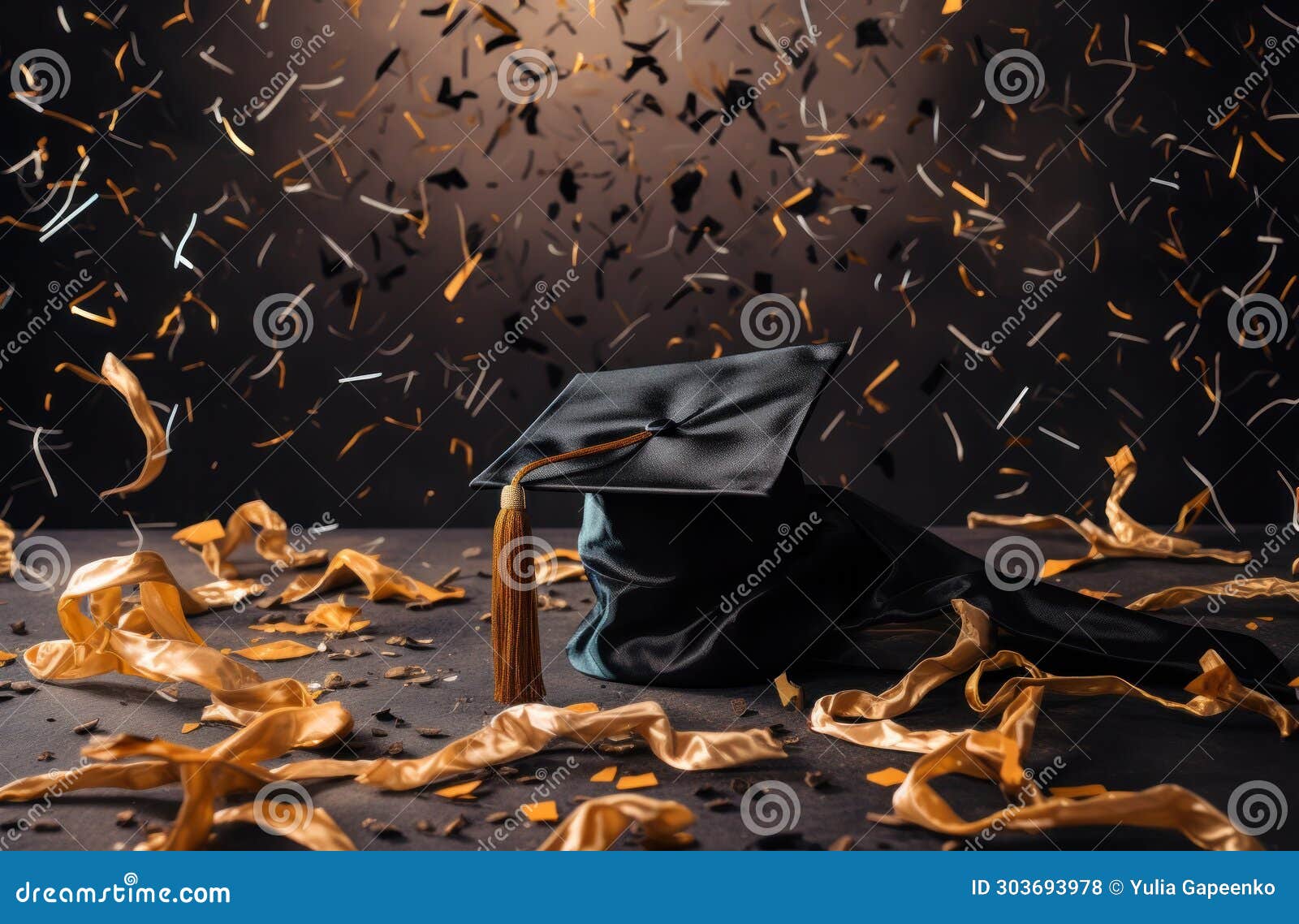 A Black Graduation Cap and Confetti Flying Around Stock Photo - Image ...