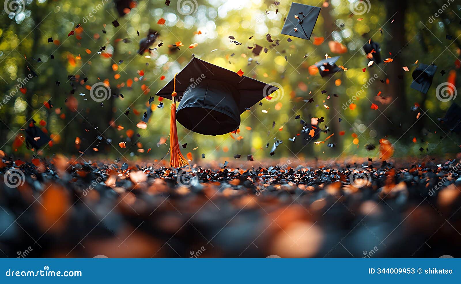 A Black Graduation Cap Falls through the Air, Surrounded by Confetti ...