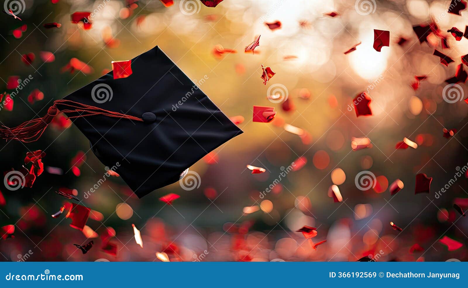 Red And Black Graduation Caps In The Air