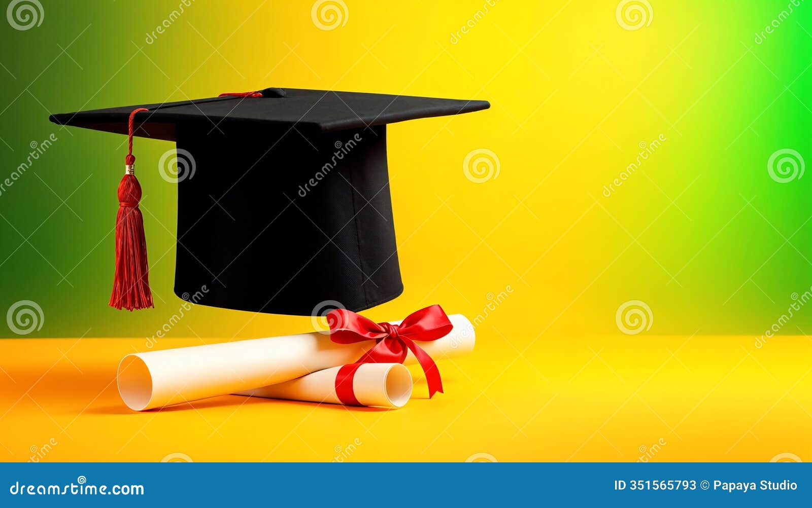 Black Graduation Cap with Red Tassel and Vibrant Gradient Background ...