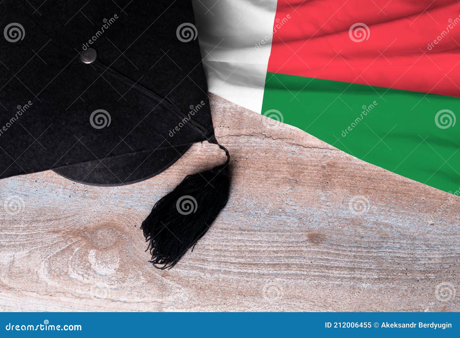 Black Graduation Hat on Madagascar Flag, Education Concept, Top View ...
