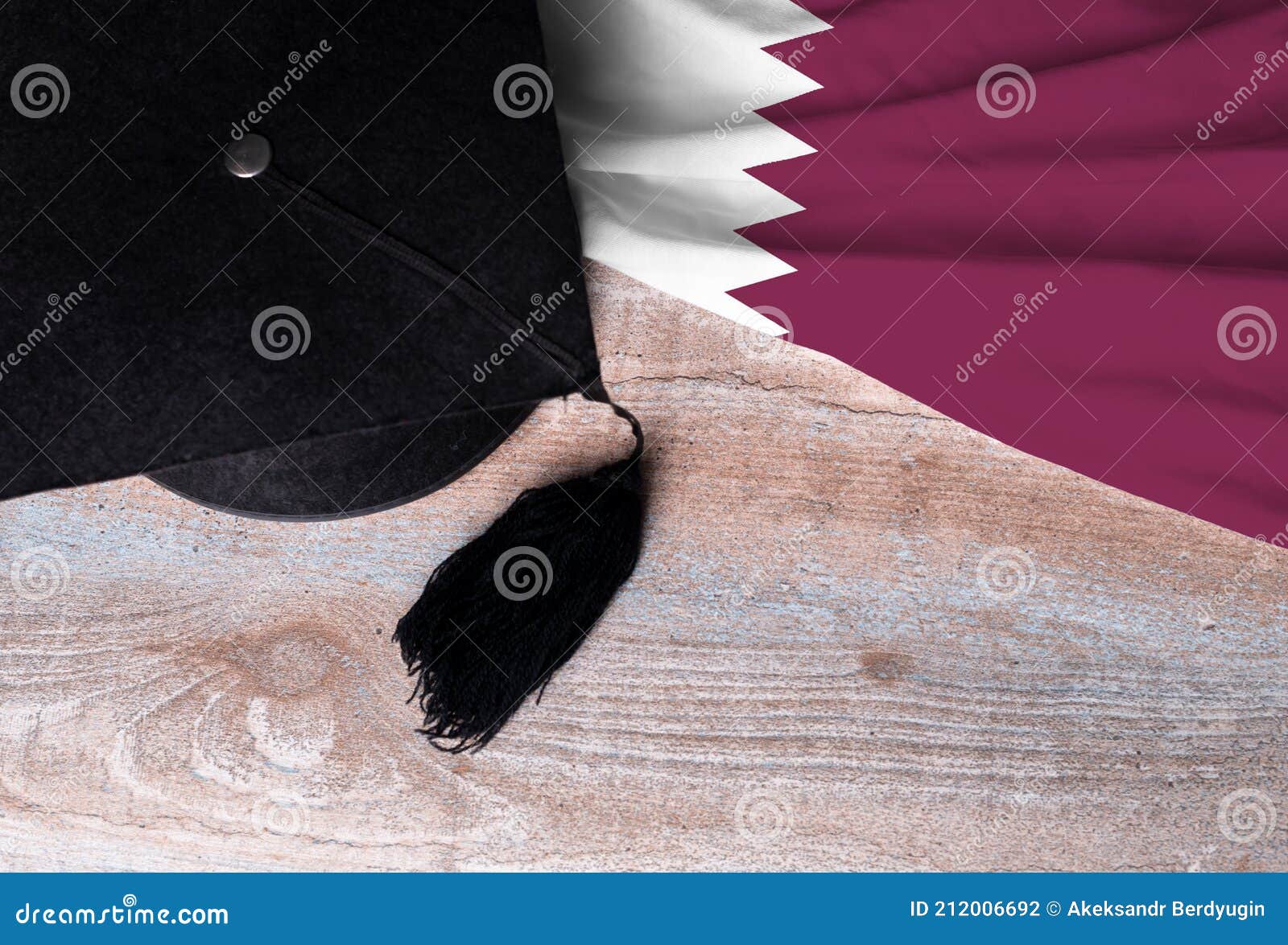 Black Graduation Hat on Qatar Flag, Education Concept, Top View Stock ...