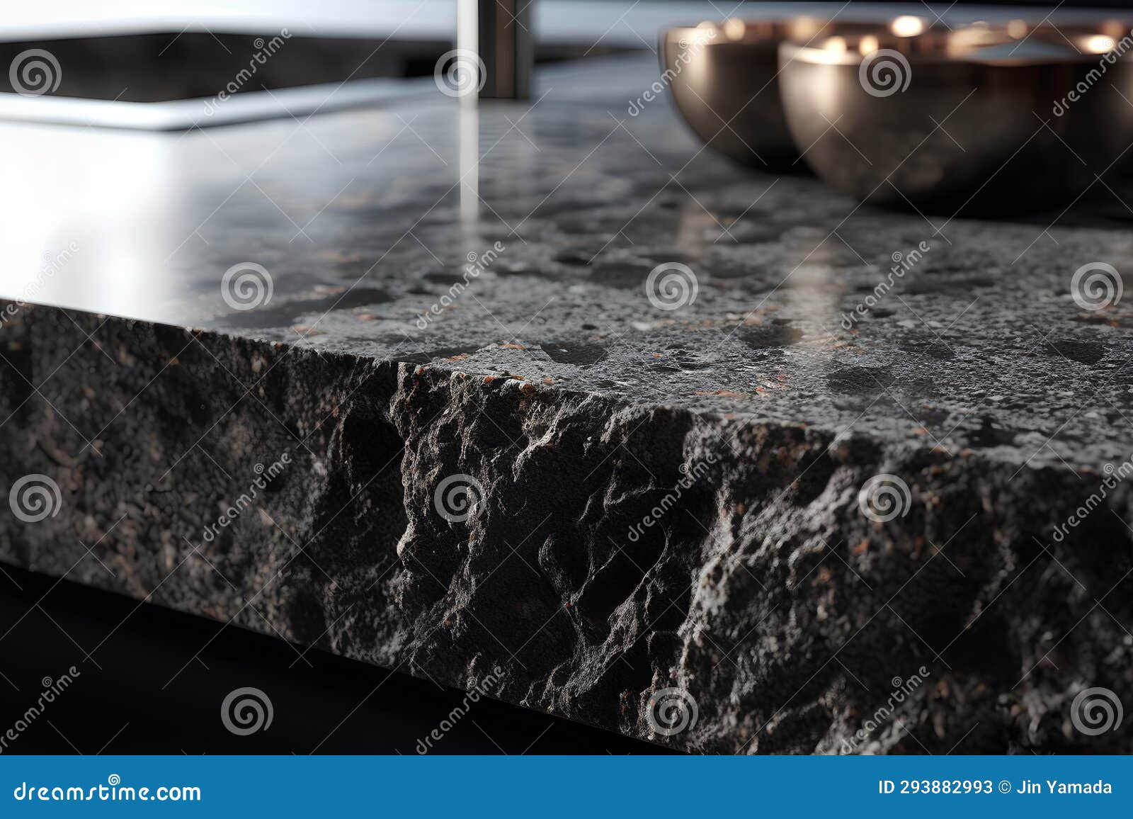 Black Granite Countertop in Modern Kitchen Interior. 3d Render Stock ...