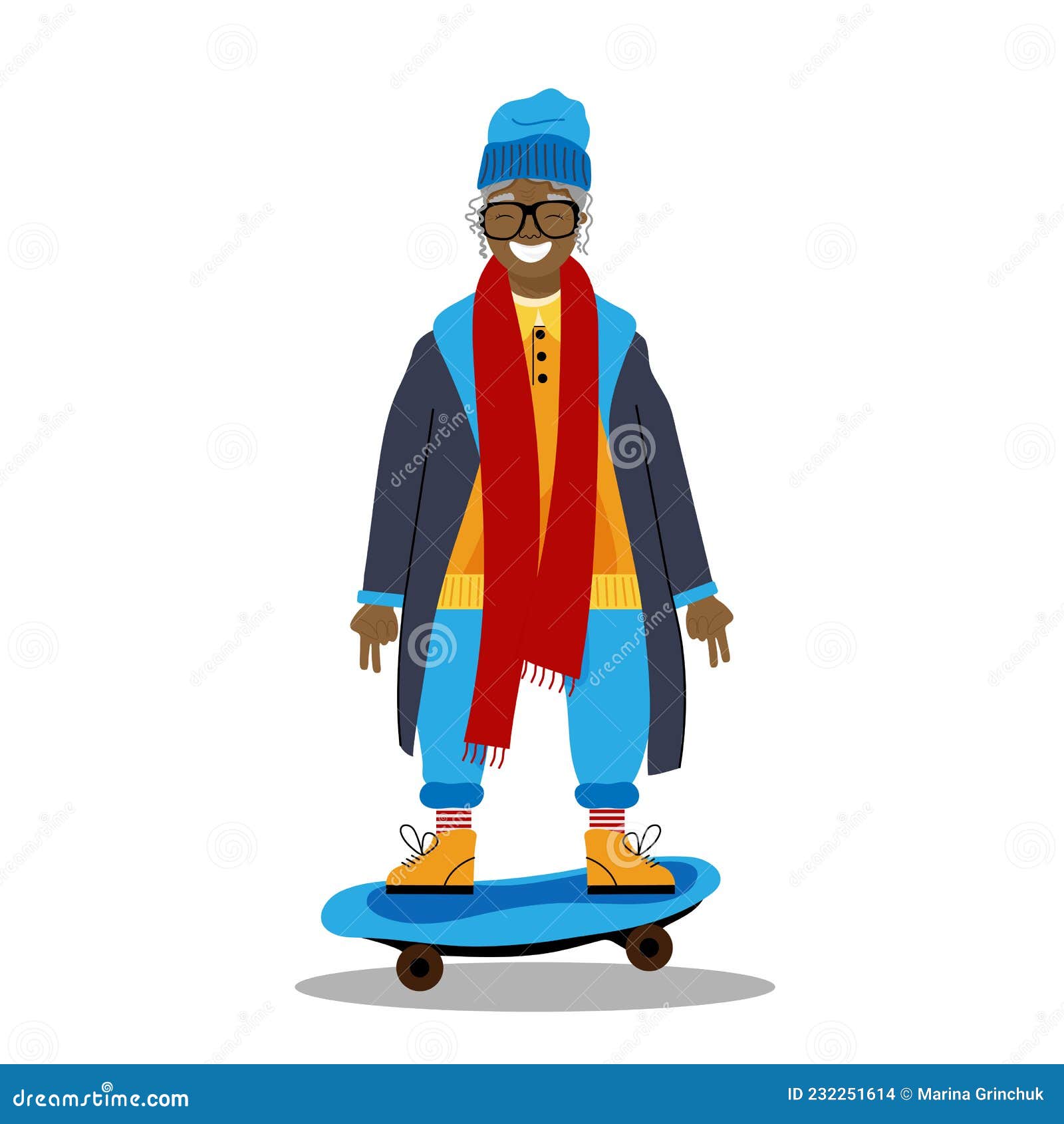Funny Black Granny On A Skateboard Cool Old Lady In Flat Style Cute