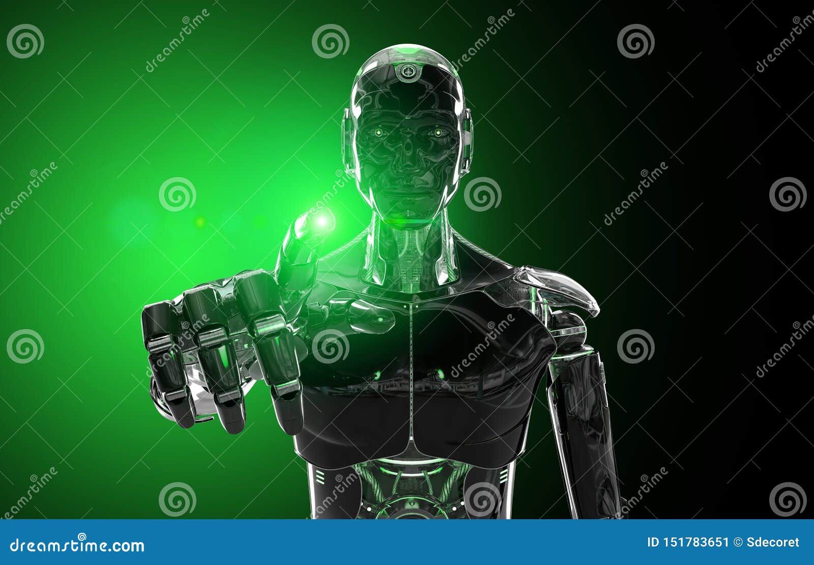 Black and Green Intelligent Robot Cyborg Pointing Finger on Dark 3D ...