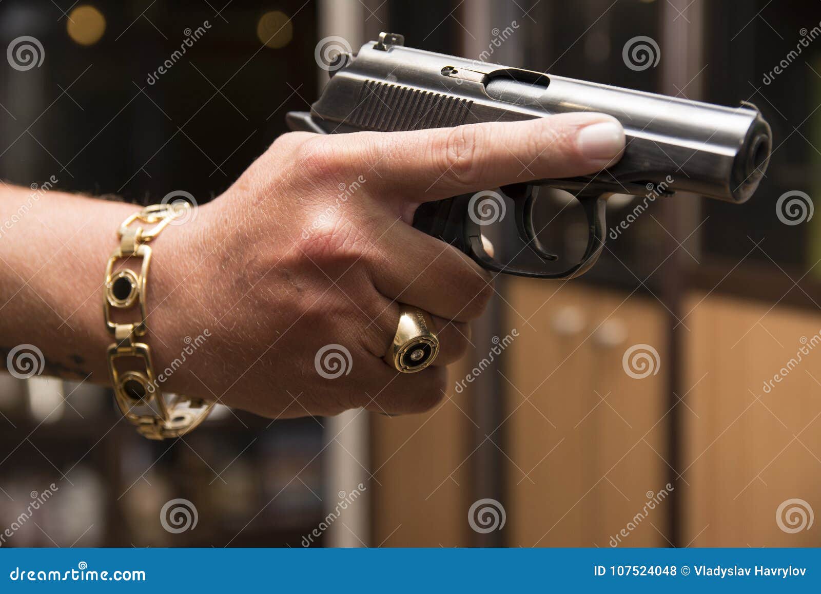 Black Gun in the Hands. Hands Aiming with a Gun Stock Photo - Image of ...