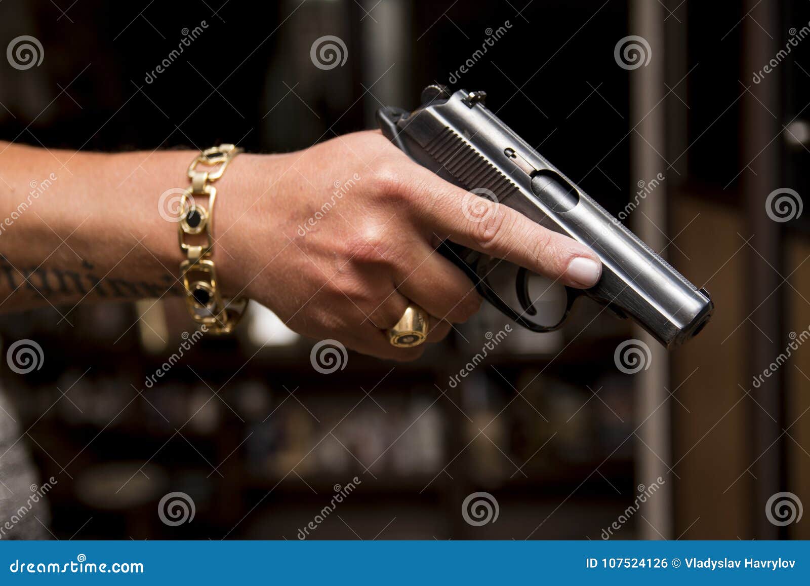 Black Gun in the Hands. Hands Aiming with a Gun Stock Photo - Image of ...