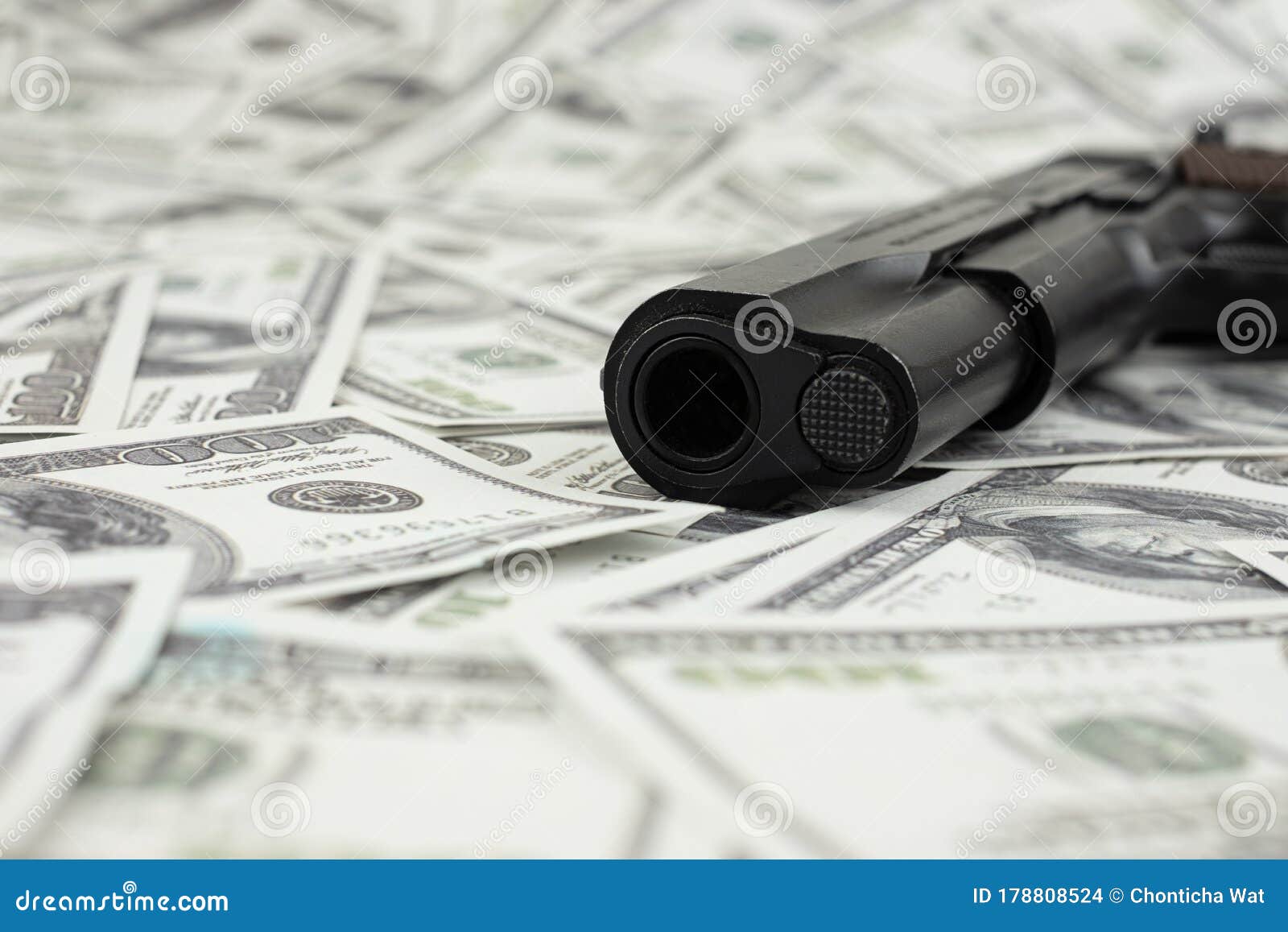 Gun Pistol on Stack Money 100 Dollars Background Stock Photo - Image of ...