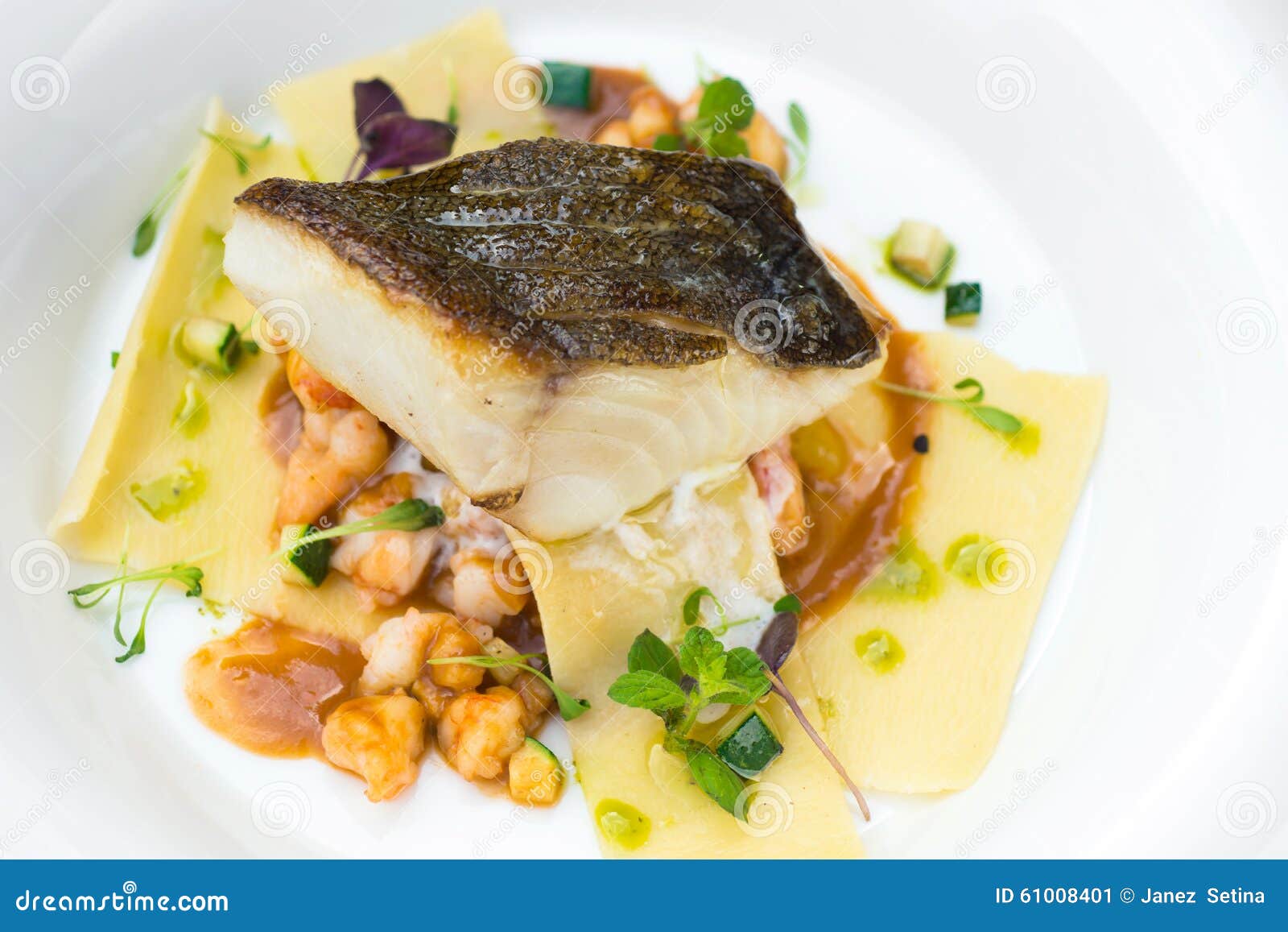 Black Hake, Prawns Ragout and Fresh Pasta Stock Image - Image of ...