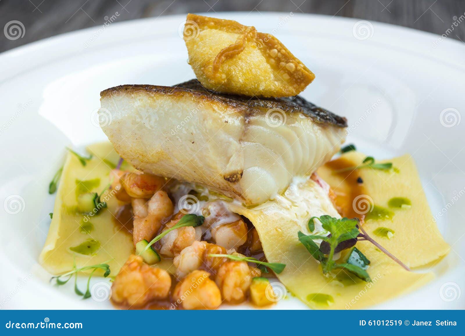 Black Hake, Prawns Ragout and Fresh Pasta Stock Image - Image of ...