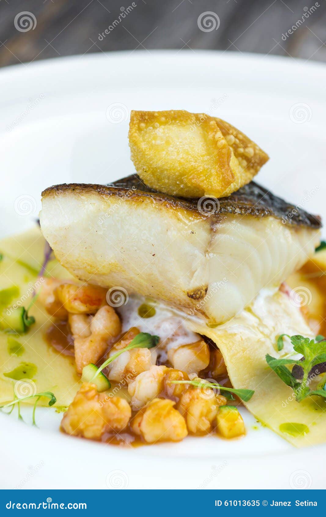 Black Hake, Prawns Ragout and Fresh Pasta Stock Image - Image of ...